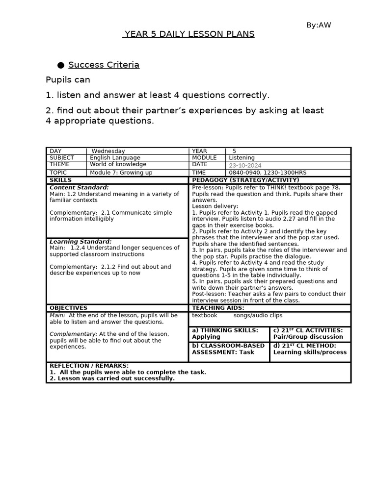 Year 5 Daily Lesson Plans: By:AW | PDF | Lesson Plan | Teachers