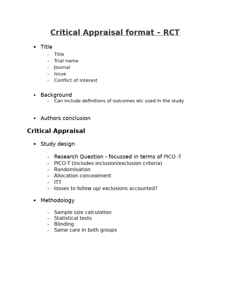 Critical Appraisal Format - RCT (Revised Format) | PDF