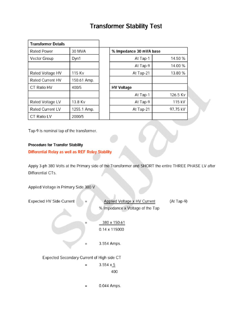 Transformer Stability Test Formula | PDF