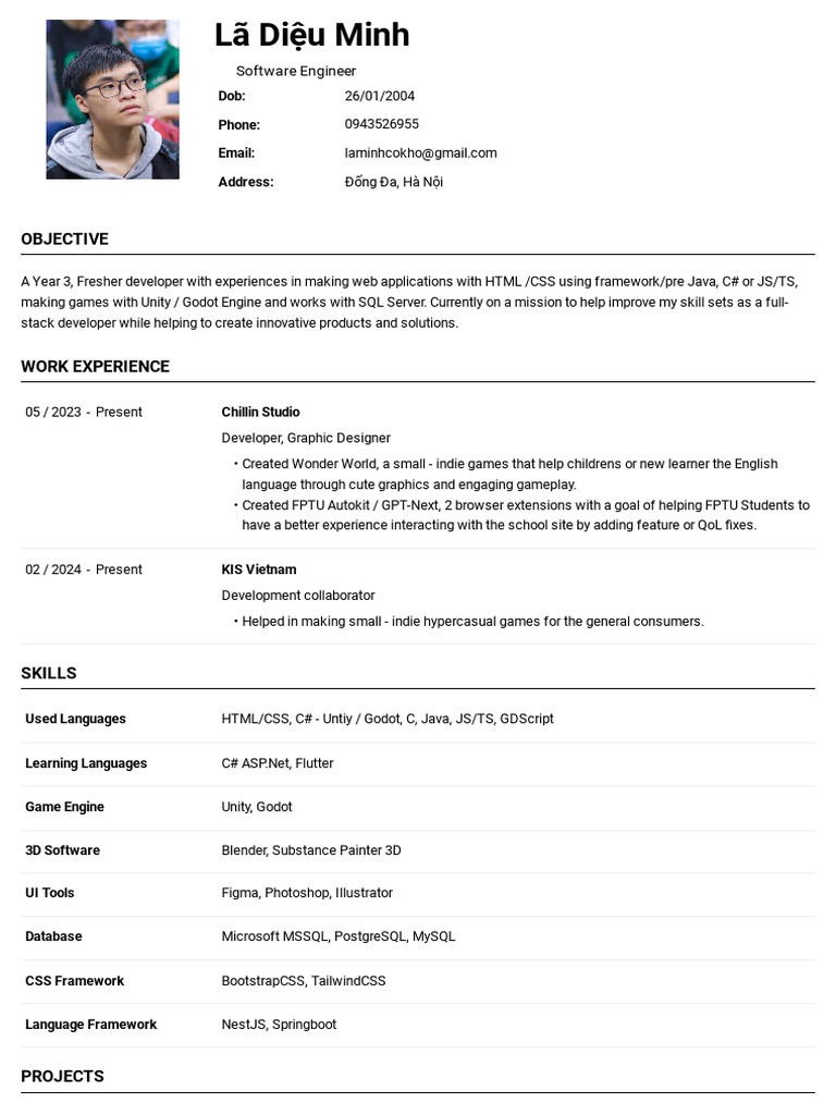 1720578534872-CV Game Developer Intern La Minh | PDF | Microsoft Sql ...