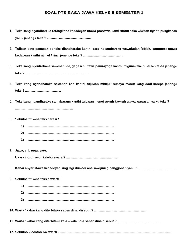 Soal PTS Basa Jawa Kelas 5 Semester 1 | PDF