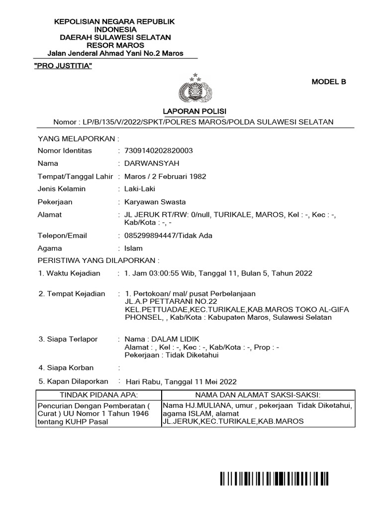 Laporan Polisi Tindak Pidana Pencurian | PDF