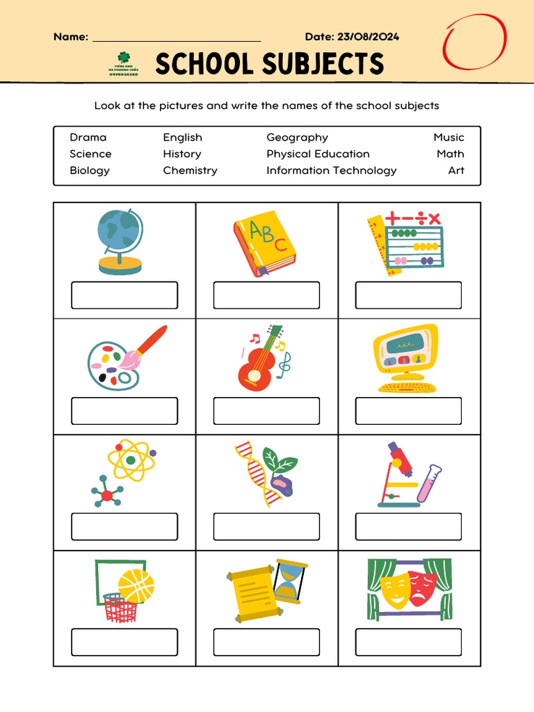 White Colorful Illustrative School Subjects Vocabulary Worksheet | PDF