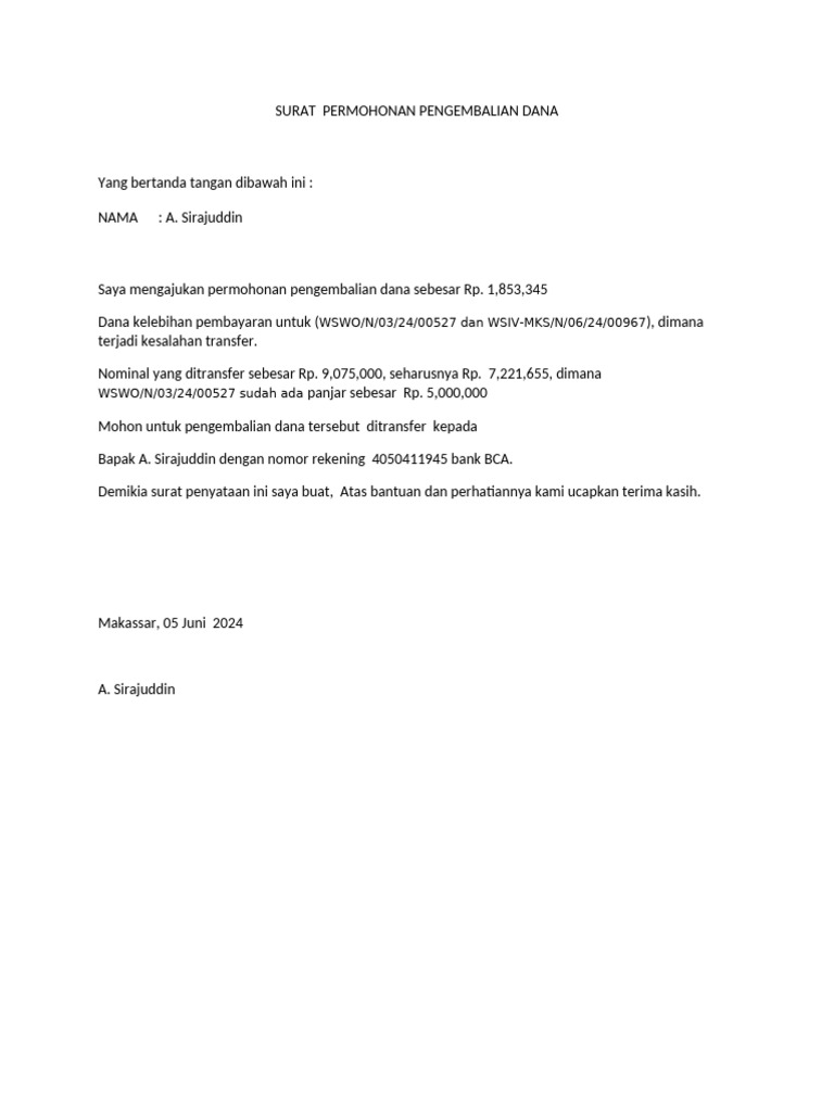 Surat Permohonan Pengembalian Dana Dd1798kz | PDF
