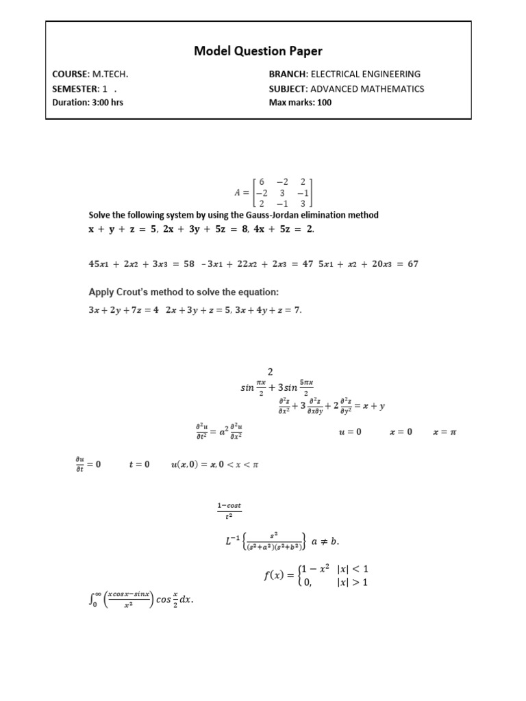 Maths Model paper | PDF | Equations | Eigenvalues And Eigenvectors