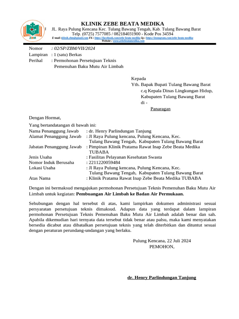 Surat Permohonan Pertek Air Limbah | PDF | Kesehatan Holistik Surat Permohonan Pertek Air Limbah | PDF | Kesehatan Holistik