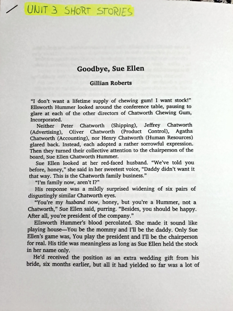 Goodbye Sue Ellen- Even Steven- Short stories Unit 3 Oral Composition 2 ...