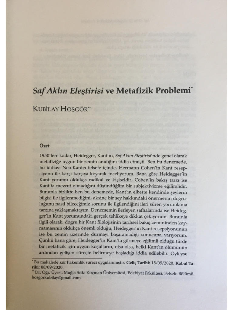 Saf Aklin Elestirisi Ve Metafizik Proble | PDF