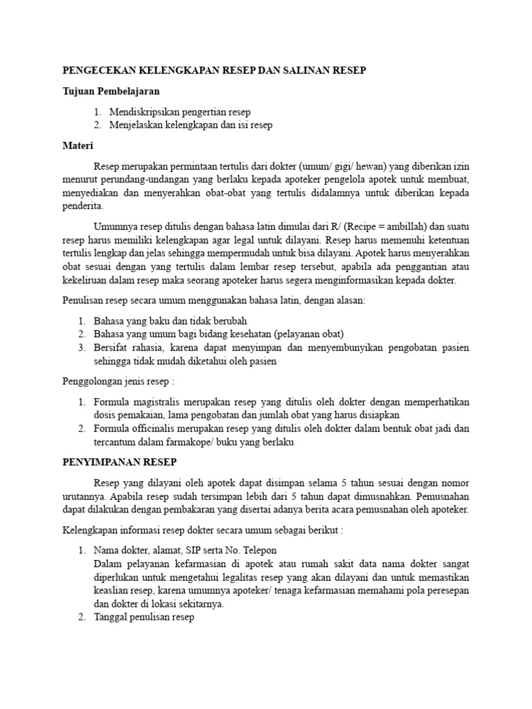 Pengecekan Kelengkapan Resep Dan Salinan Resep | PDF