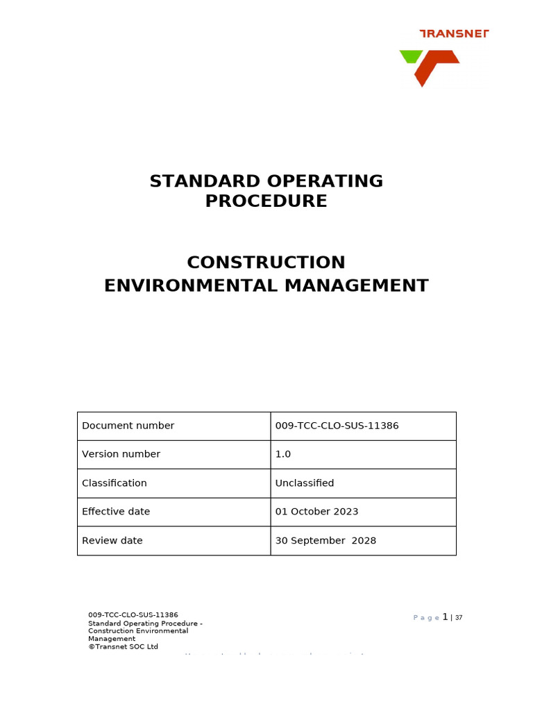 Standard Operating Procedure for Construction Environmental Management - version 1.0 signed ...