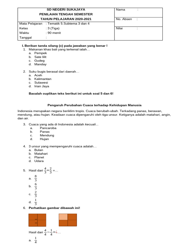 SOAL PTS KELAS 3 Hari Ke 2 (Tema 5 Sub 3 4) | PDF