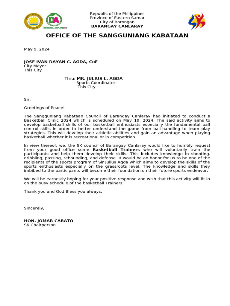 Request for Basketball Clinic Trainers | PDF