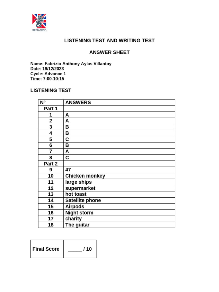 P1 P2 Listening Test And Writing Test Answer Sheet Pdf