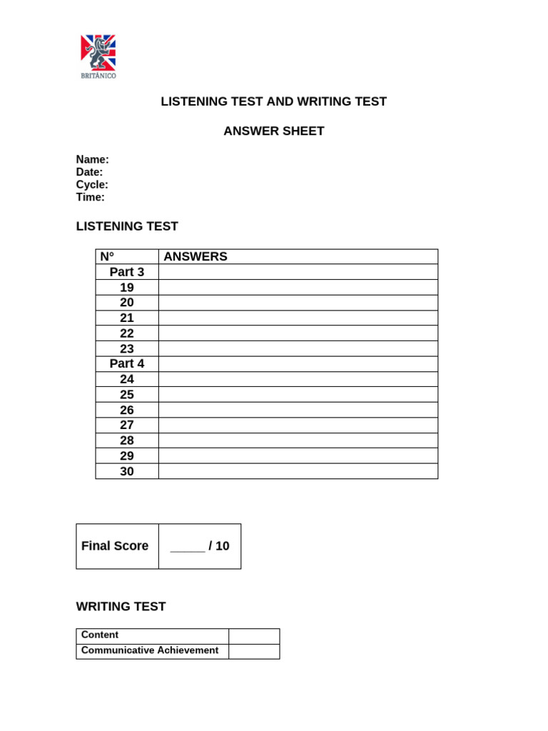 P3 P4 Listening Test And Writing Test Answer Sheet Pdf Career