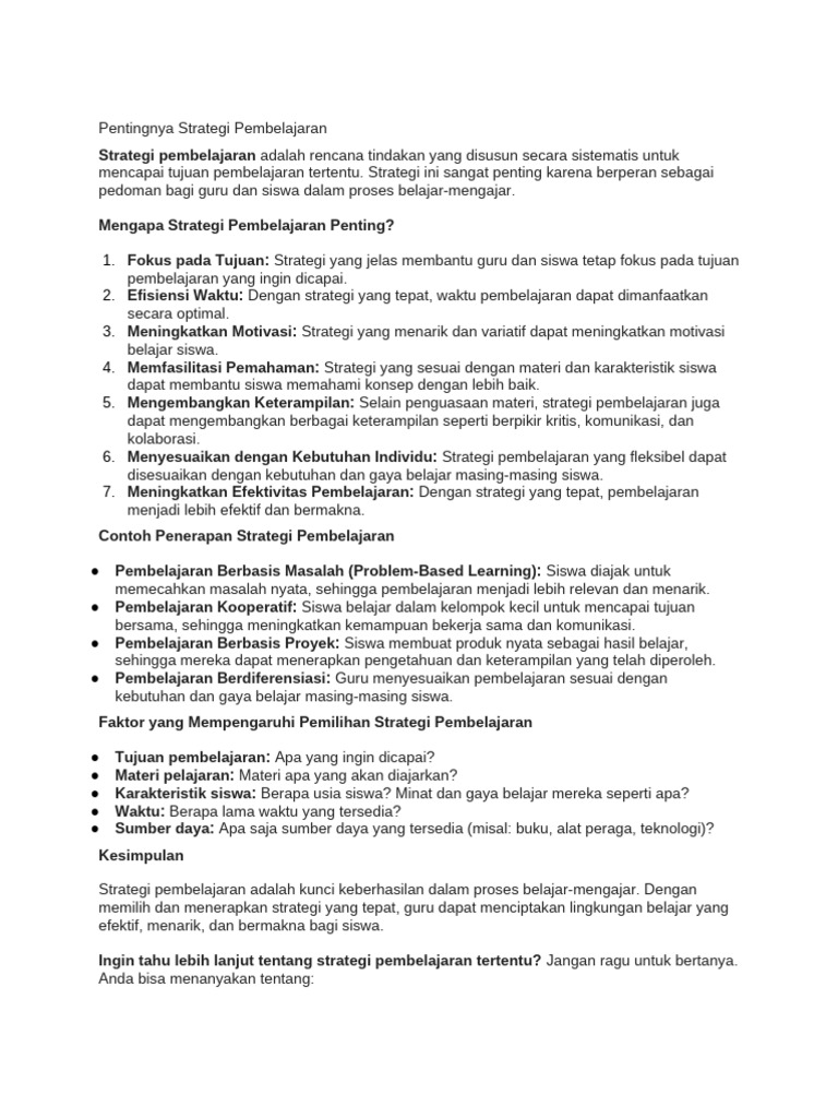pentingnya strategi pembelajaran | PDF