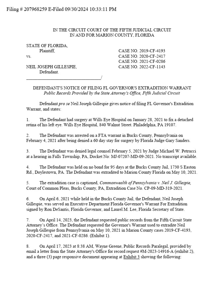 Defendant's Notice of Filing FL Governor's Extradition Warrant | PDF ...