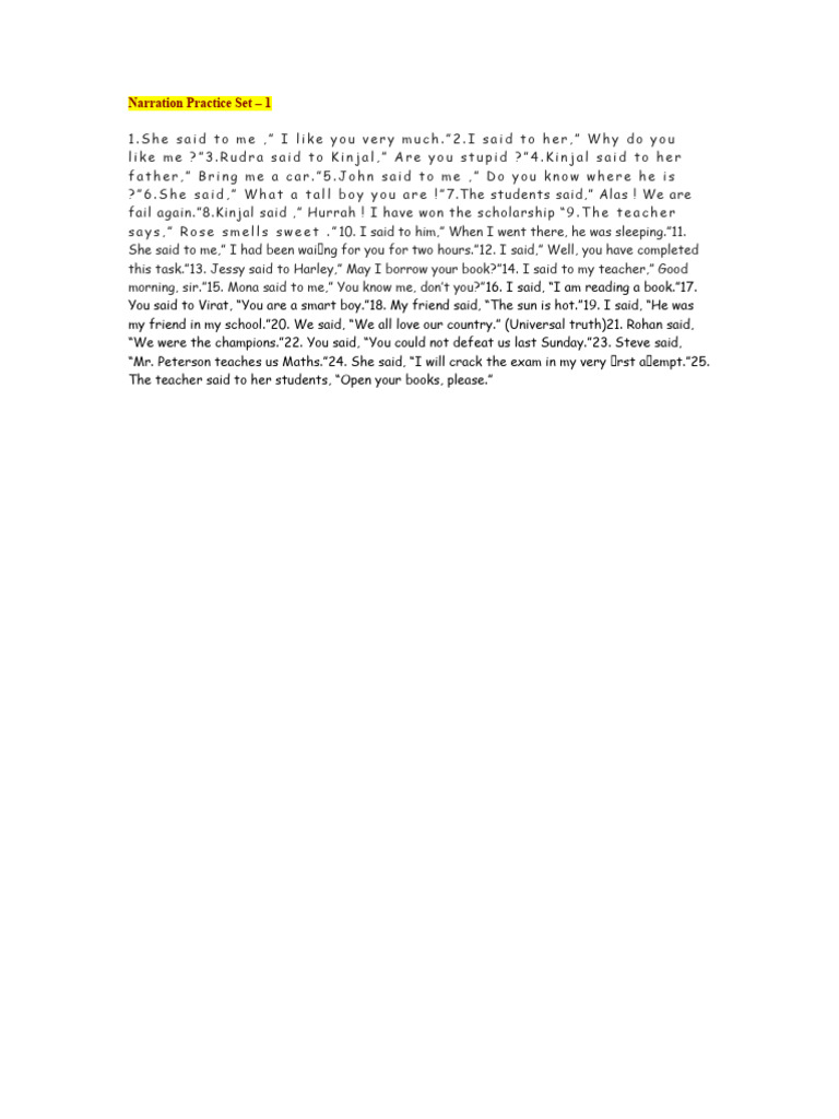 Narration Change Practice Set 1 | PDF