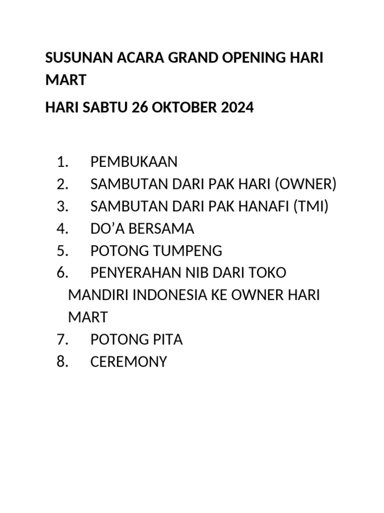 Susunan Acara Grand Opening Hari Mart | PDF | Perjalanan