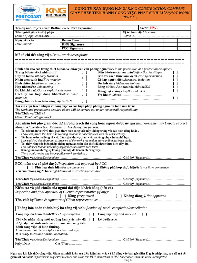 Appendix 1- Hot Work Permit to Work form Rev 02 | PDF