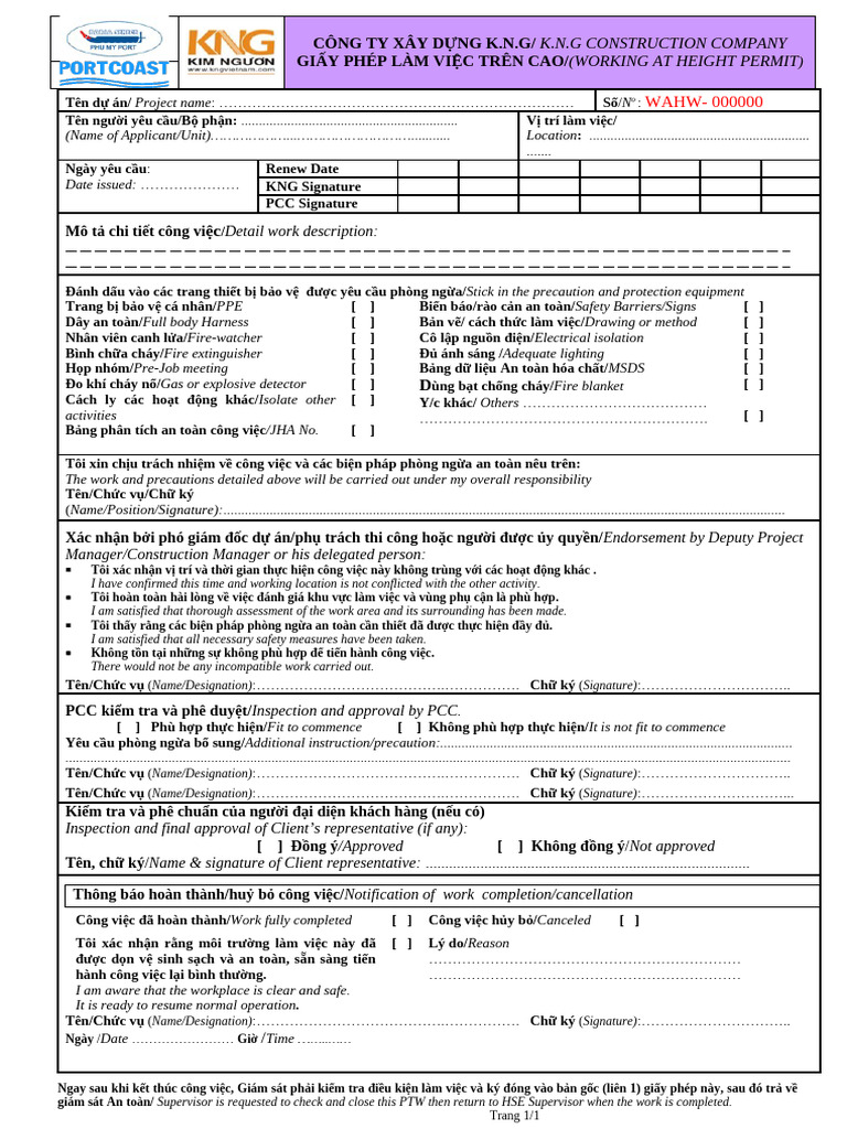 Appendix 5 - Working at Height Permit To Work Form Rev 02 | PDF