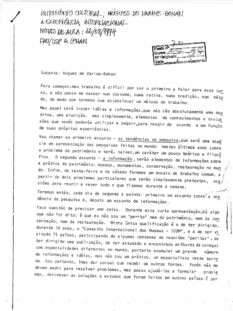 Patrimônio Cultural - A Experiência Internacional. Hügues de Varine ...