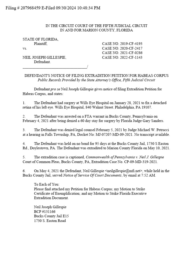 Defendant's Notice of Filing Extradition Petition For Habeas Corpus ...