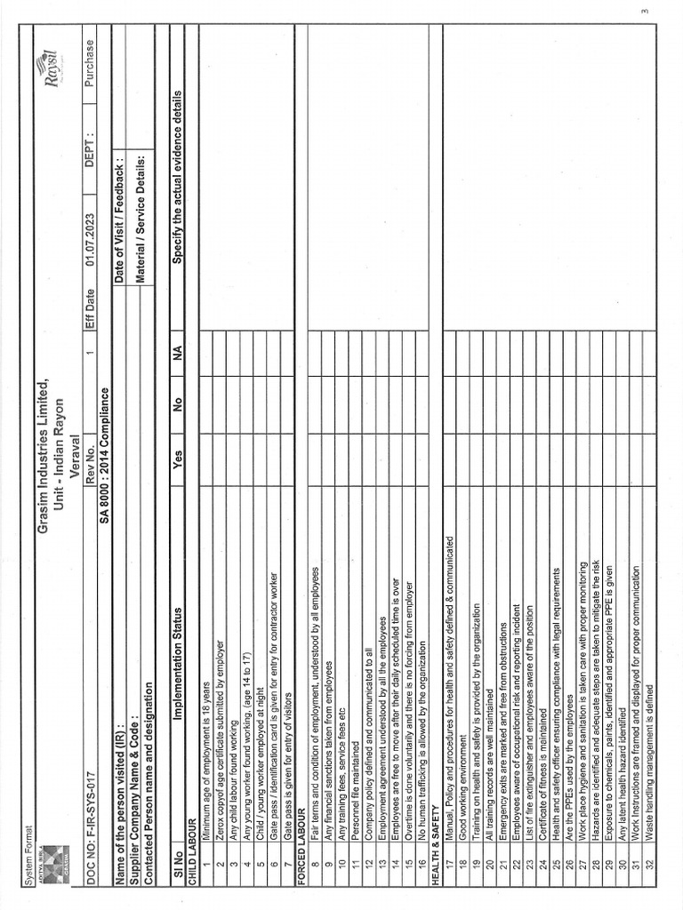 SA8000 Checklist 2023 | PDF