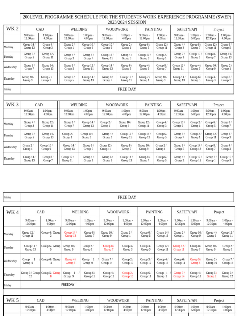 200level Programme Schedule For The Students Work Experience Programme | PDF