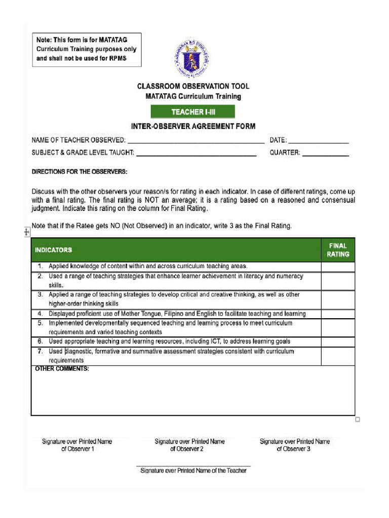 Classroom Observation Tool For Teacher 3 | PDF