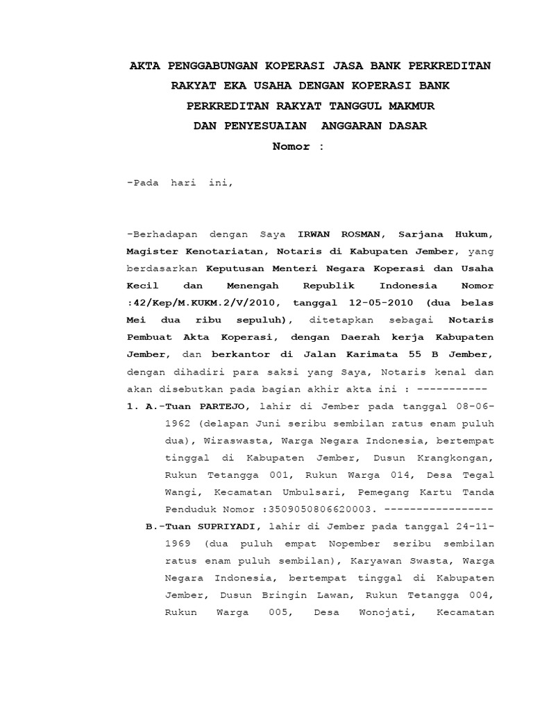 Draf AKTA PENGGABUNGAN KOPERASI JASA KBPR EKA USAHA Dan KBPR TANGGUL ...