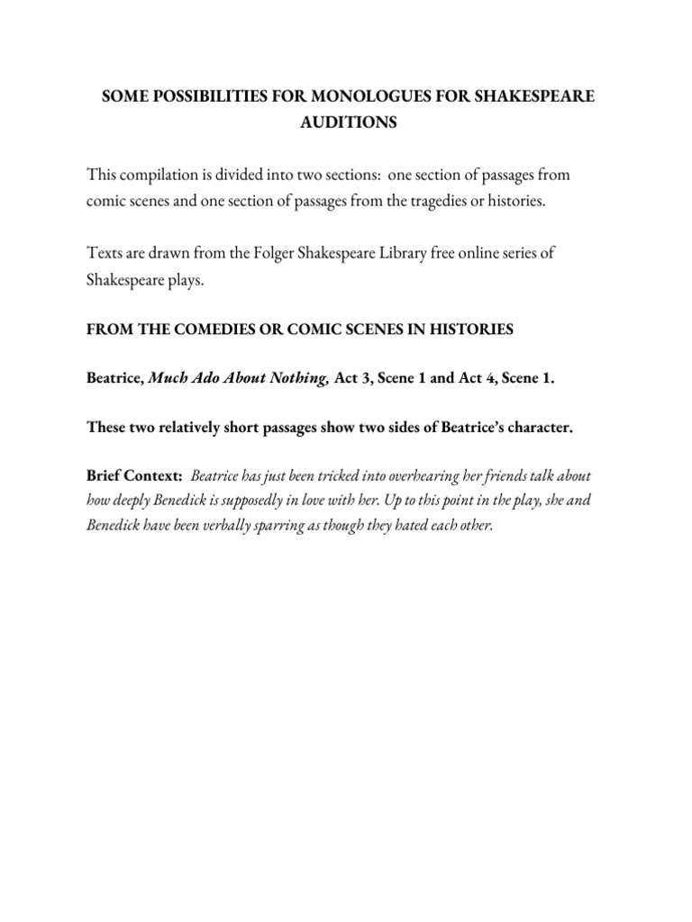 Suggested Shakespeare Monologues For Auditions | PDF | Much Ado About ...