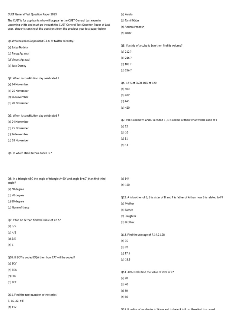 CUET 2023 General Test Question Paper | PDF | Stuttering