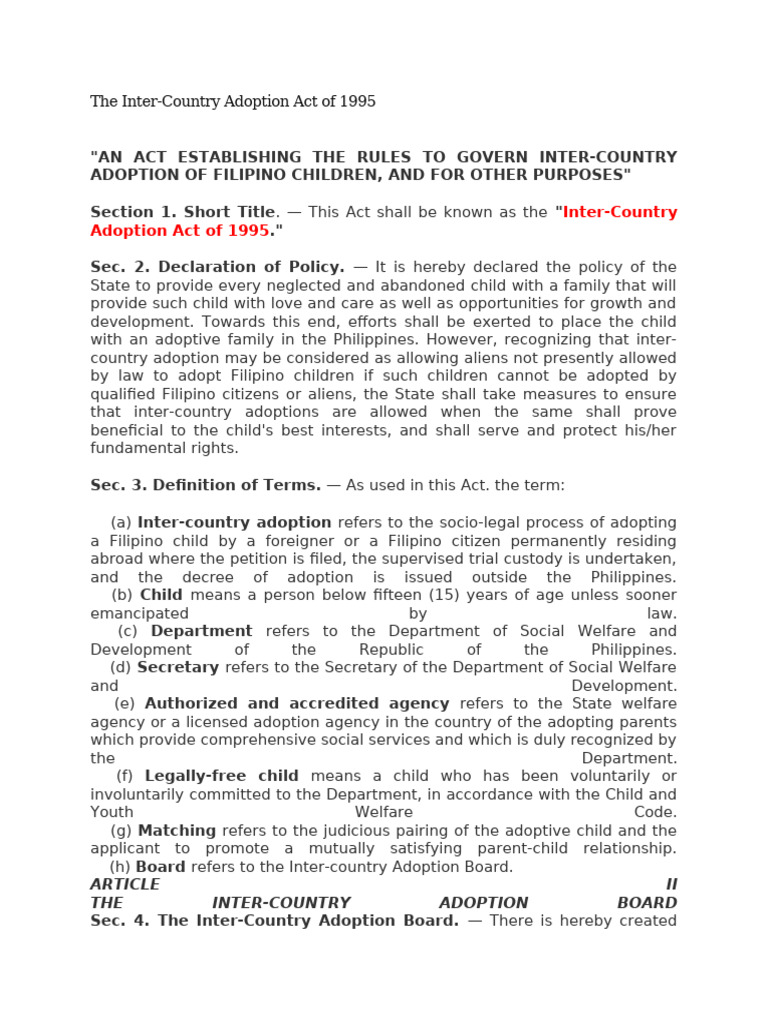 RA 8043 Inter Country Adoption Act | PDF | Adoption | Child Custody