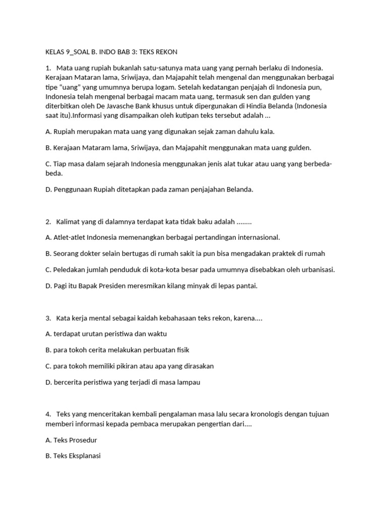 KELAS 9 - SOAL B. INDO BAB 3 TEKS REKON (Selasa, 29 Okt 2024) | PDF ...