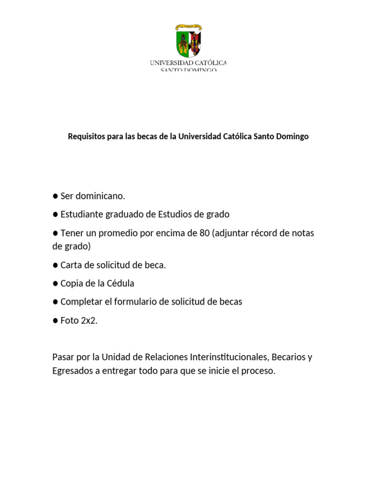 Requisitos para Las Becas de La Universidad Católica Santo Domingo (POSTGRADO) | PDF