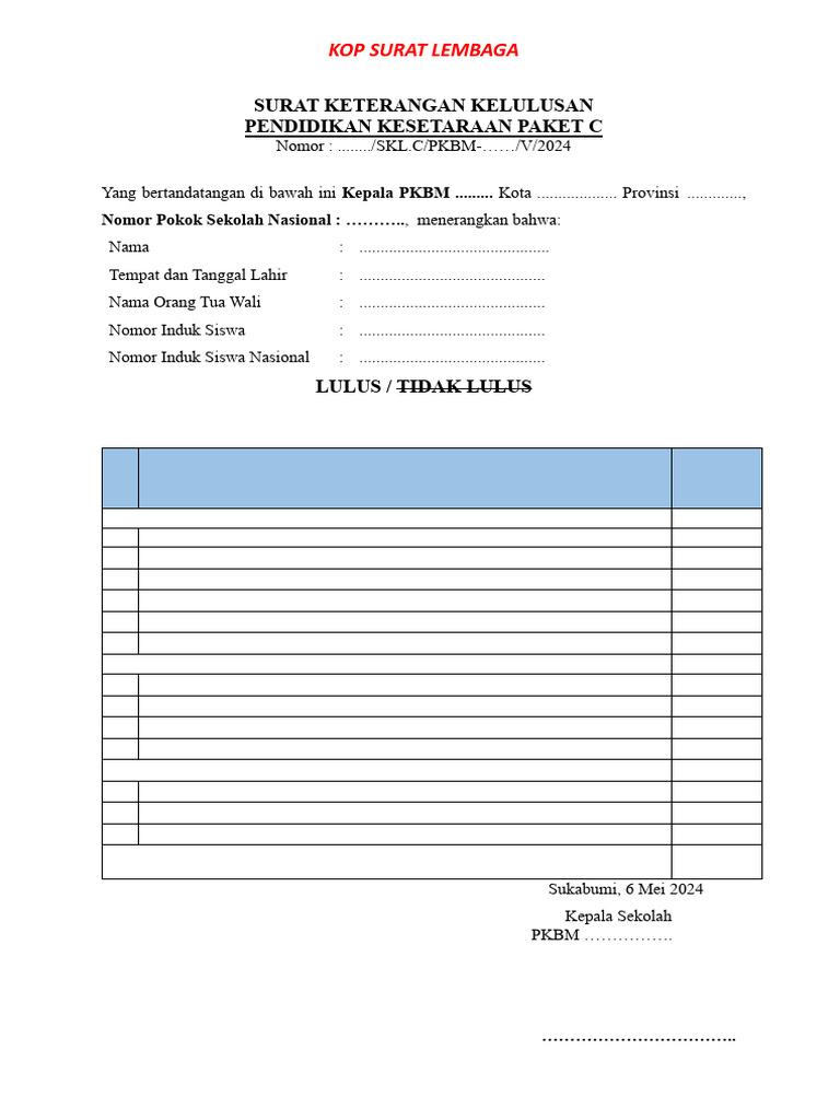 Contoh Surat Kelulusan Paket C | PDF