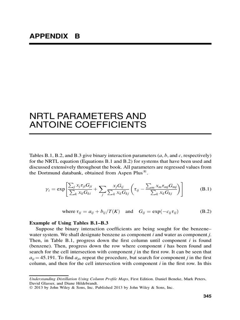 Appendix B NRTL Parameters and Antoine Coefficients | PDF | Toluene | Continuum Mechanics