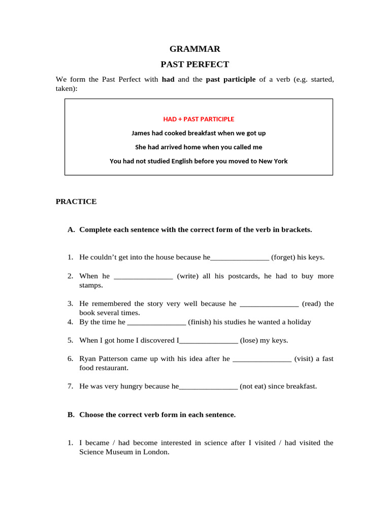 Past Perfect Tense Practice Guide | PDF