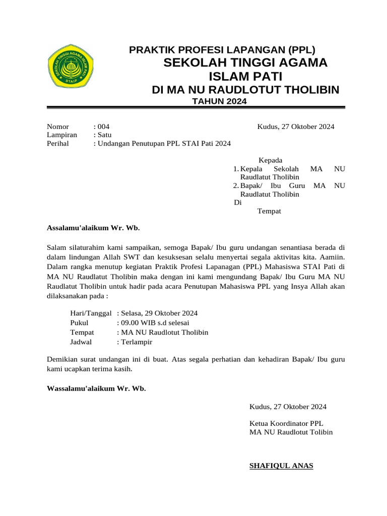 Undangan Penutupan PPL STAI Pati 2024 | PDF