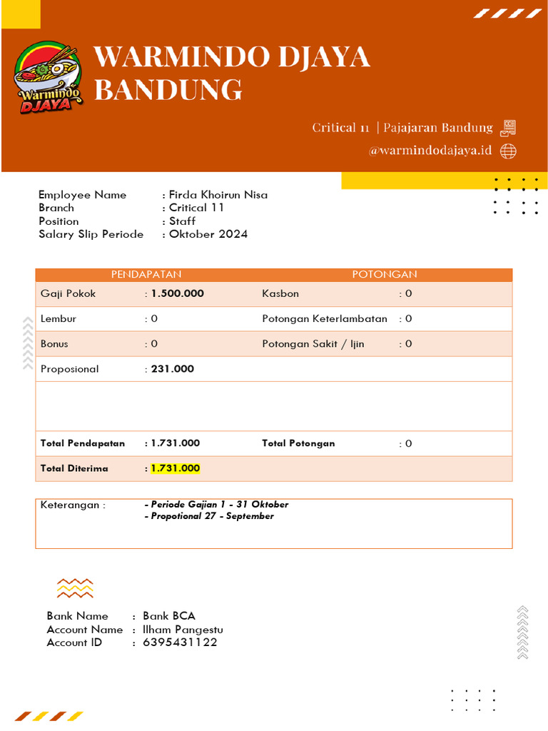 Payment Slip Oktober Firda | PDF