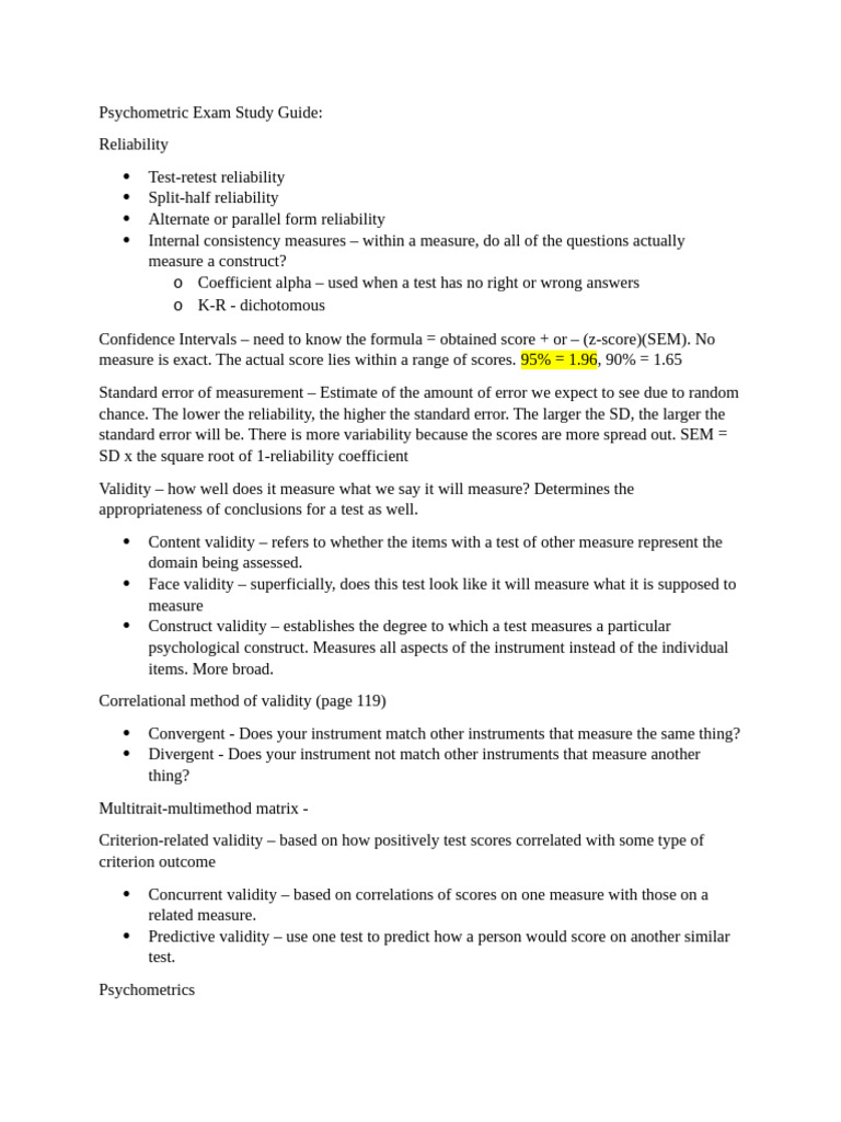 PSY 436 Psychometric Exam Study Guide | PDF