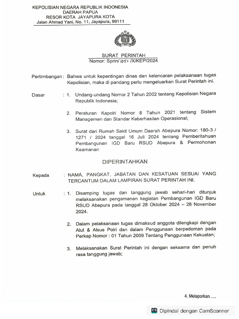 Sprin Pengamanan Igd Baru Rsud Abepura | PDF