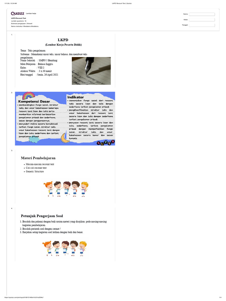 LKPD Recount Text - Quizizz | PDF