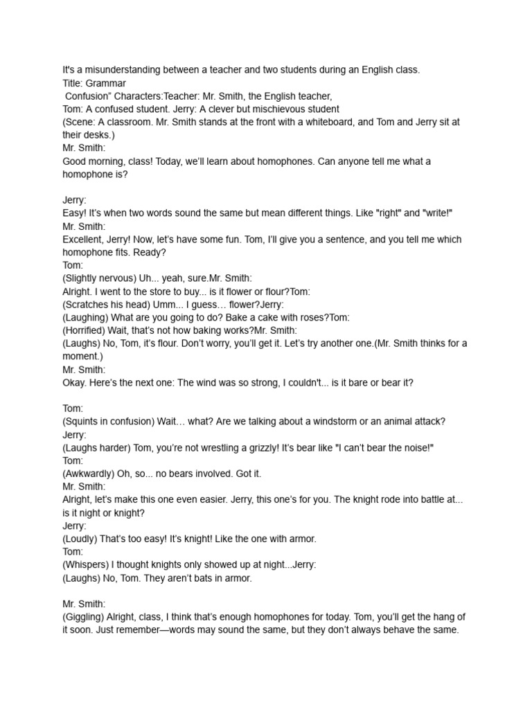 Homophones in Class: A Skit | PDF | Language Arts & Discipline