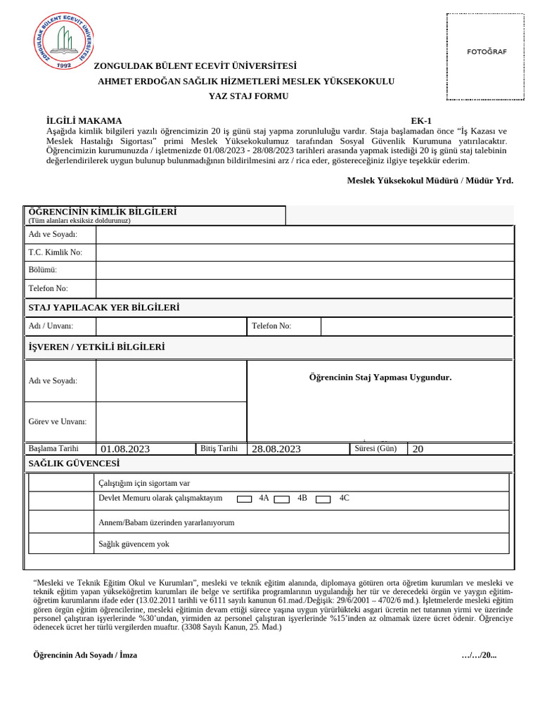 Yaz Staj Formu | PDF