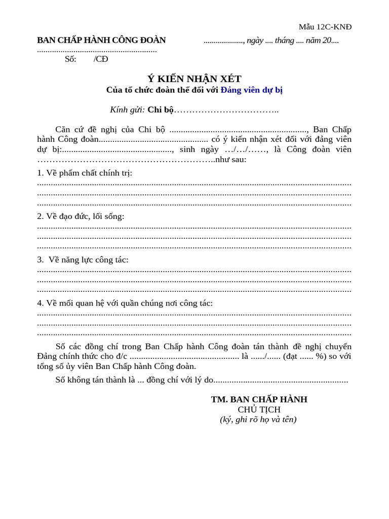 Mau 12C-KND Y Kien Nhan Xet Cua Dai Dien To Chuc Doan The Doi Voi Dang ...