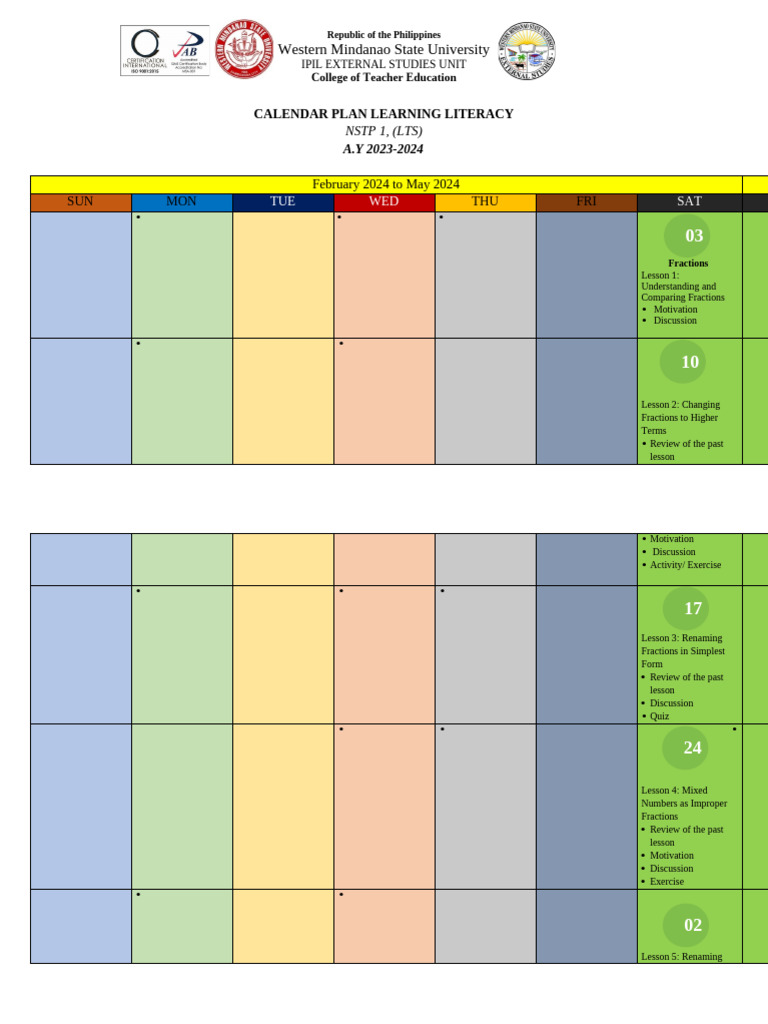 Literacy Calendar Plan for NSTP 1 | PDF | Behavior Modification ...