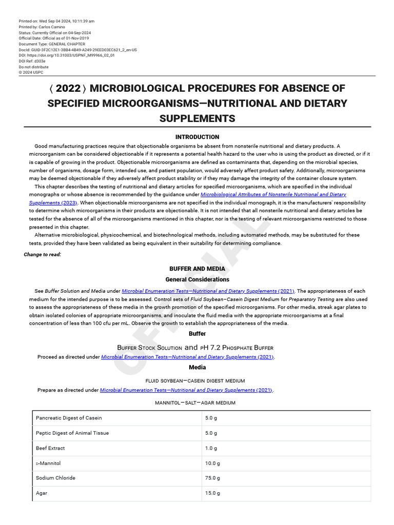 USP-NF 〈2022〉 Microbiological Procedures for Absence of Specified Microorganisms-Nutritional and ...