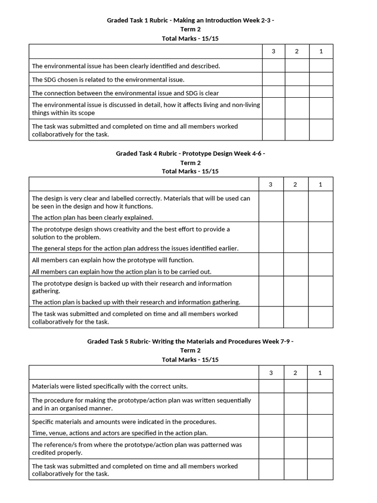 Term 2 Graded Tasks Rubrics (1) | PDF