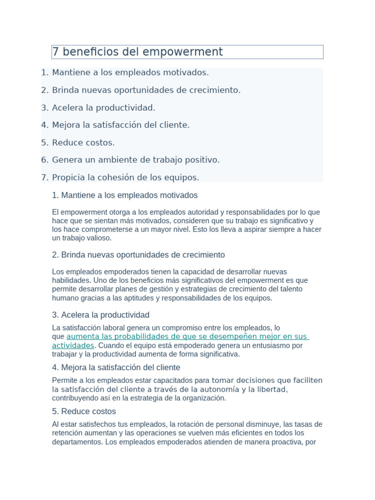 7 Beneficios del Empowerment Laboral | PDF | Empoderamiento | Liderazgo